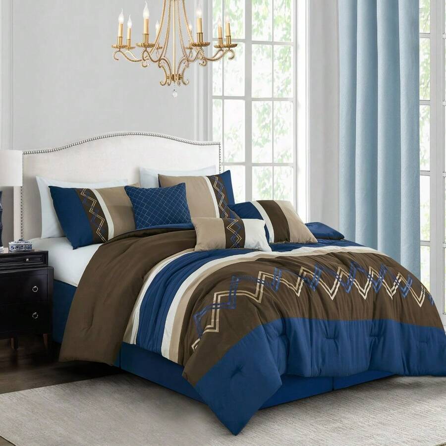Arden 7-Piece Modern Pleated Stripe Embroidered Zigzag Bedding ...