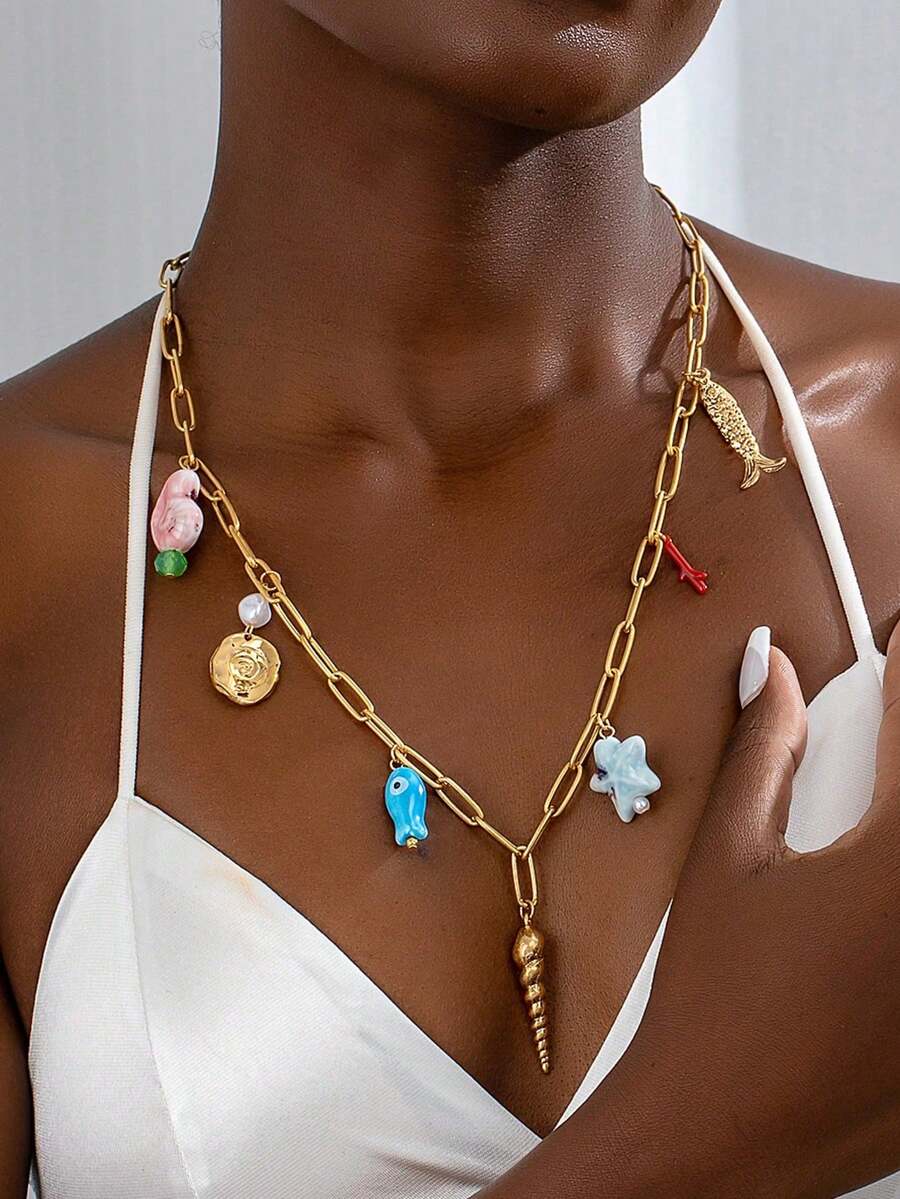 1pc Handmade Beach/Ocean Themed Fish, Coral, Shell Multi-Charm Necklace ...