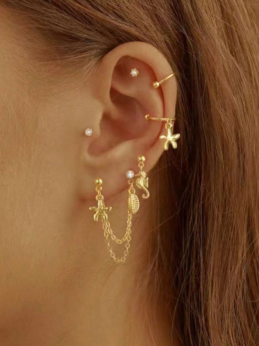 6 Pcs Summer Earrings Set / Starfish Earring Ear Cuff / Stacked Sea Horse Shell Earrings Pack ...