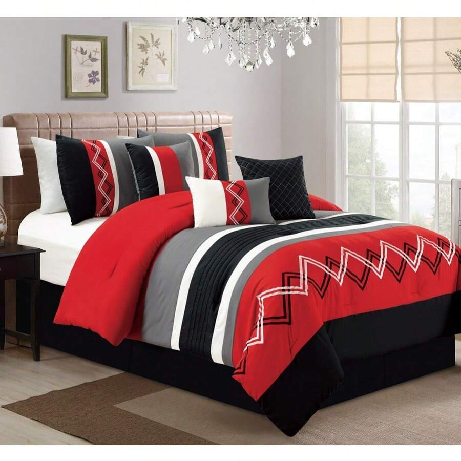 Arden 7-Piece Modern Pleated Stripe Embroidered Zigzag Bedding ...