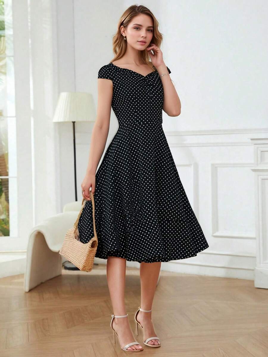 1950s Short Retro A Line Party Dress Vintage Cap Sleeves White Dot ...