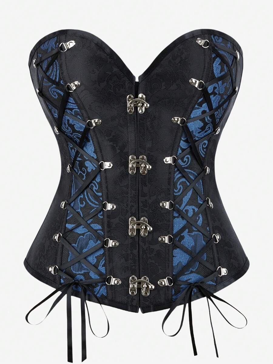 Overbust Corset Top, Steampunk Gothic Patchwork, Strapless Bodysuit, Front Button Closure, Slim ...