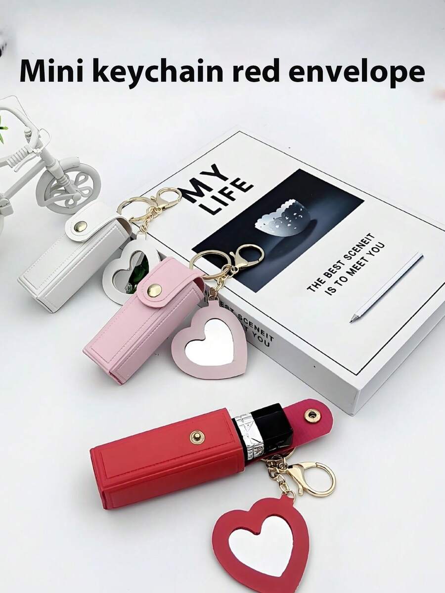 1pc Mini Lipstick Case With Mirror, Portable Pu Leather Keychain ...