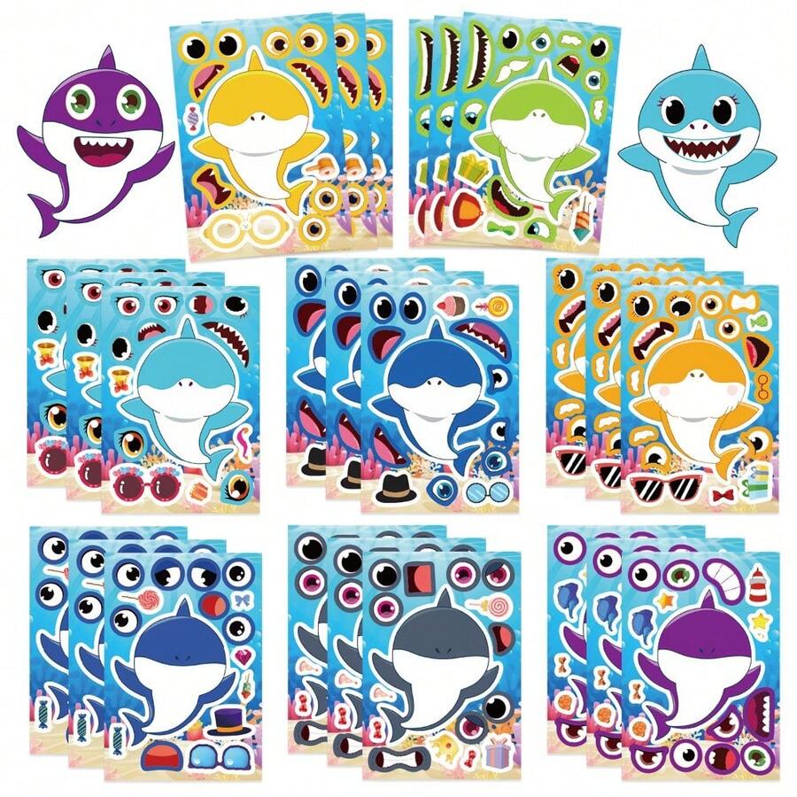 8 Non-Repeatable Cute Shark Five Senses Face Swap Stickers Cartoon ...