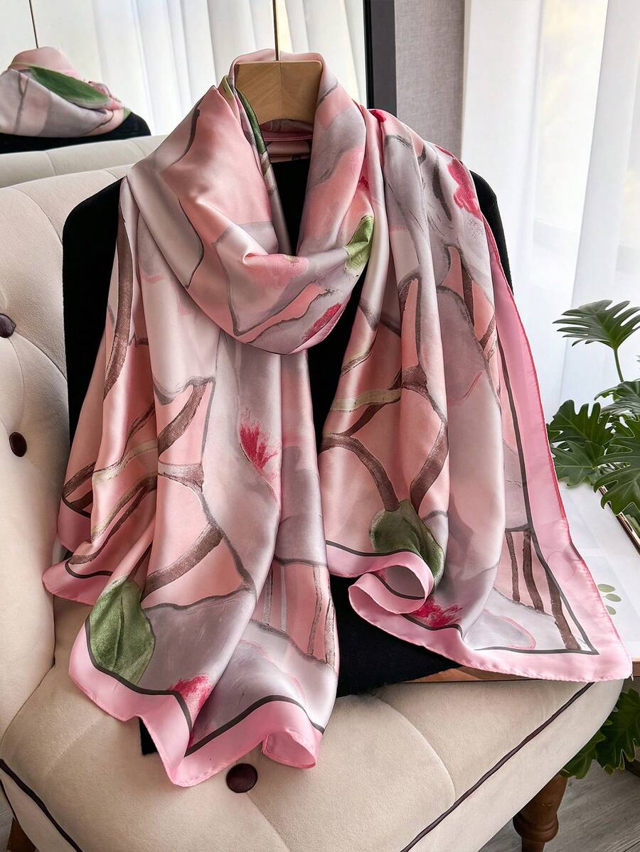1pc Women Floral Print Faux Silk Scarf, Fashionable All-Match Travel Shawl, Everyday Accessories ...