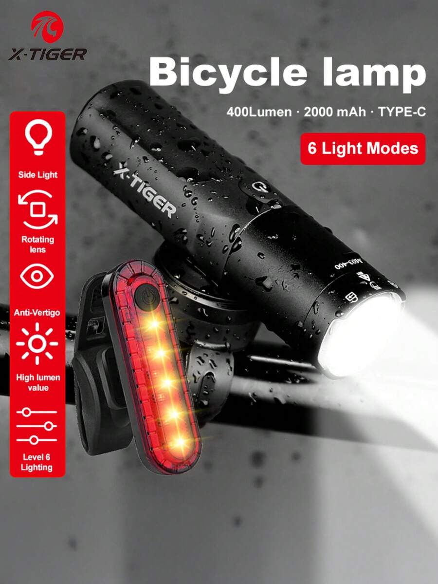 X-TIGER X-TIGER 400 Lumens Super Bright Rechargeable Bicycle Front And Rear Light Set, Suitable ...