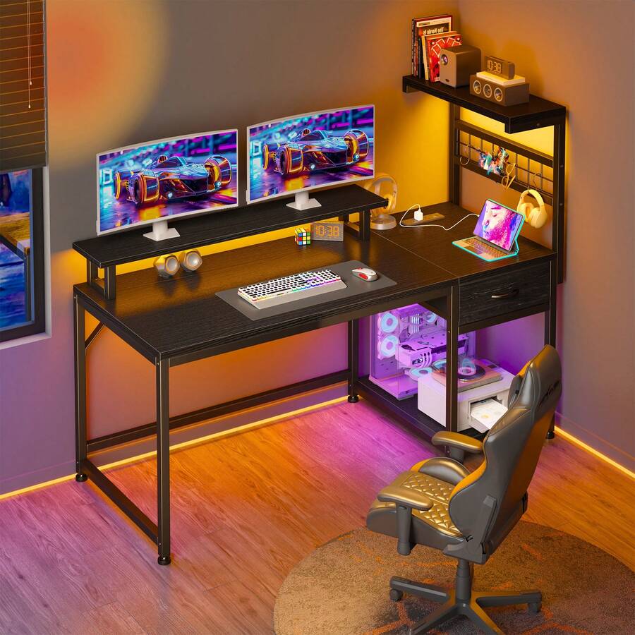 EnHomee 48" Computer Desk With Drawer And Shelves, Gaming Desk With LED ...