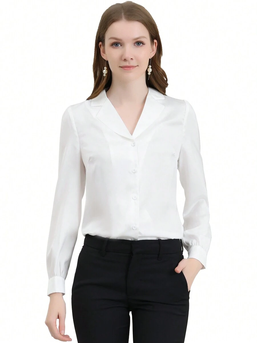 Women's Elegant Collar Blouse Long Sleeve Work Office Button Down Satin ...