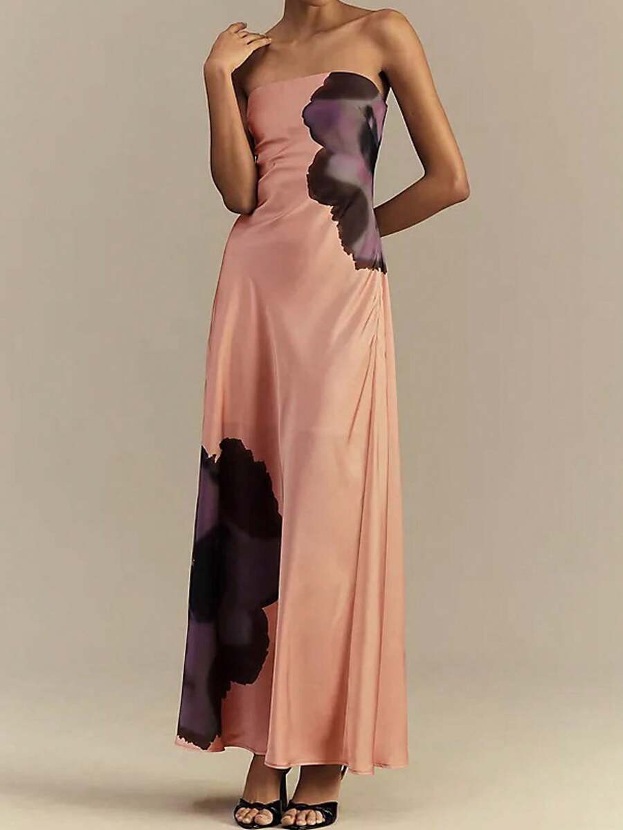Women Floral Formal Strapless Column Satin Maxi Dress Backless Maxi ...