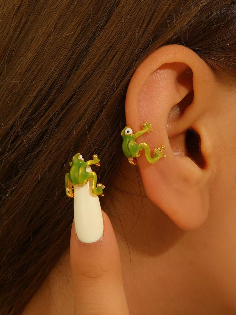 1 Pair Unique Personalized Green Frog Ear Clips, Quirky & Cute Frog Ear ...