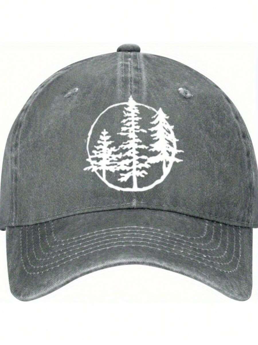 Pine Trees In Circle Motif Print 100% Cotton Denim Hats, Baseball Caps ...
