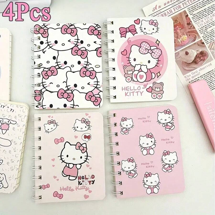 Sanrio 4pcs Of Spiral Notebooks Featuring A Cute Cartoon Hello Kitty Design, Each With 50 Sheets ...