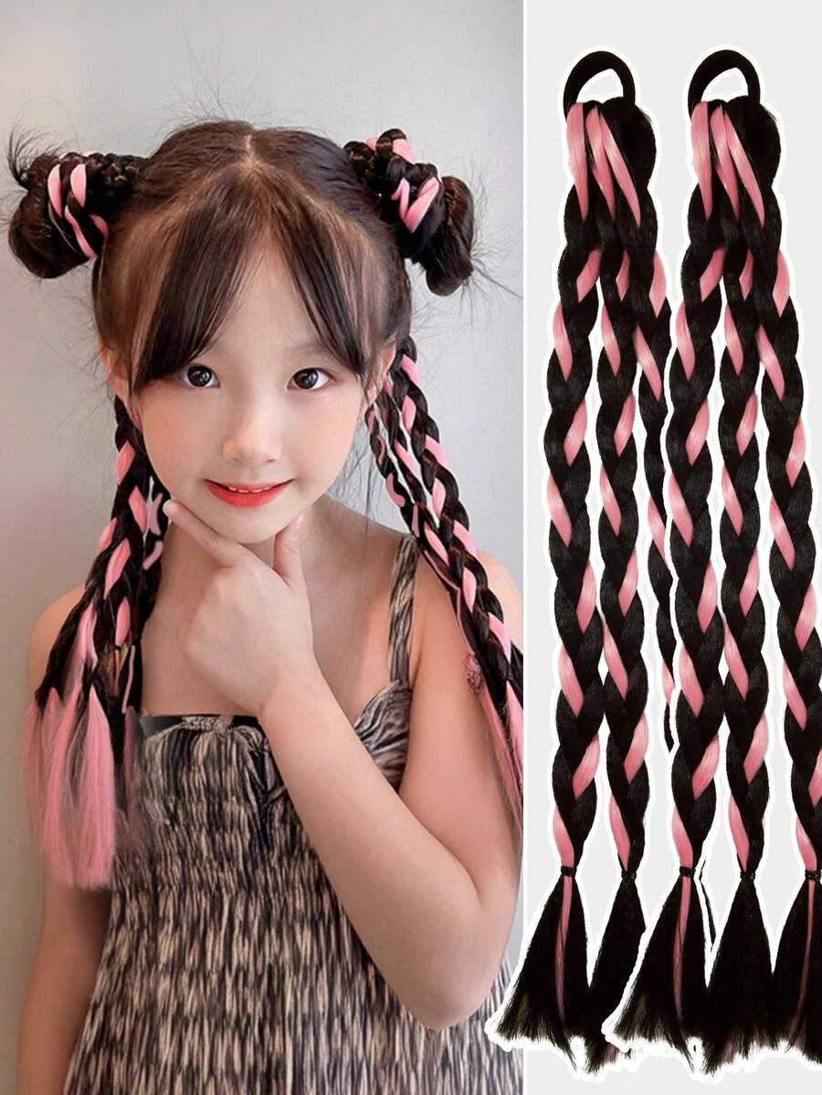 2pcs Kids Pink Boxer Braids Wig, Messy Braid Wig With Highlights, Sweet ...