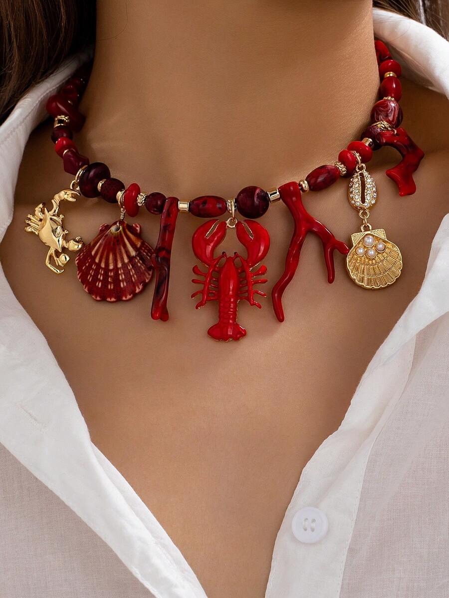 1 Pc Summer Beach Sea Elements Charm Necklace / Red Color Coral ...