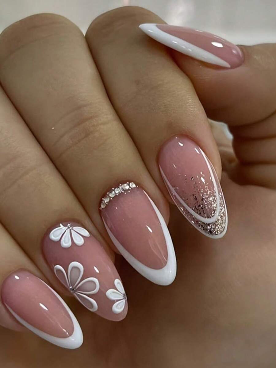 30pcs Luxury Almond Shaped Press-On Nails Set, Mixed Color Floral And ...