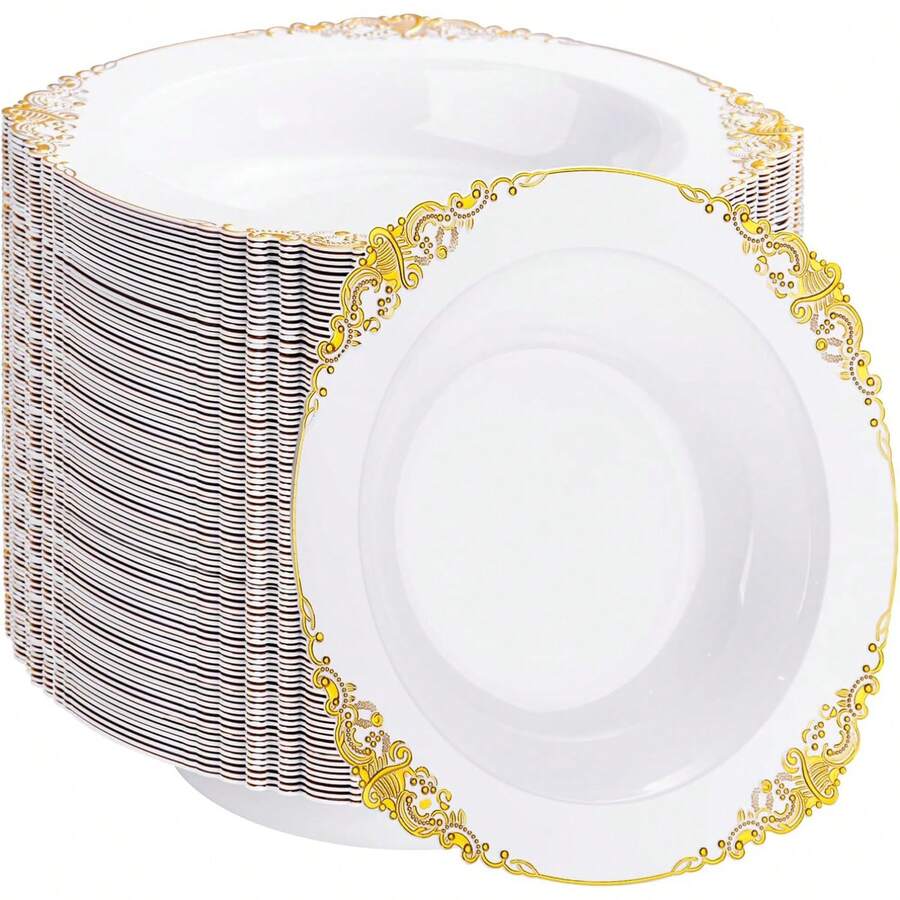 100PCS Gold Plastic Bowls- 12 Oz White Salad Bowls - Heavy Duty ...