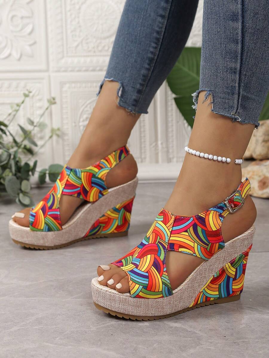 Women's Thick Sole Rainbow Printed Bohemian Open Toe Platform Sandals ...