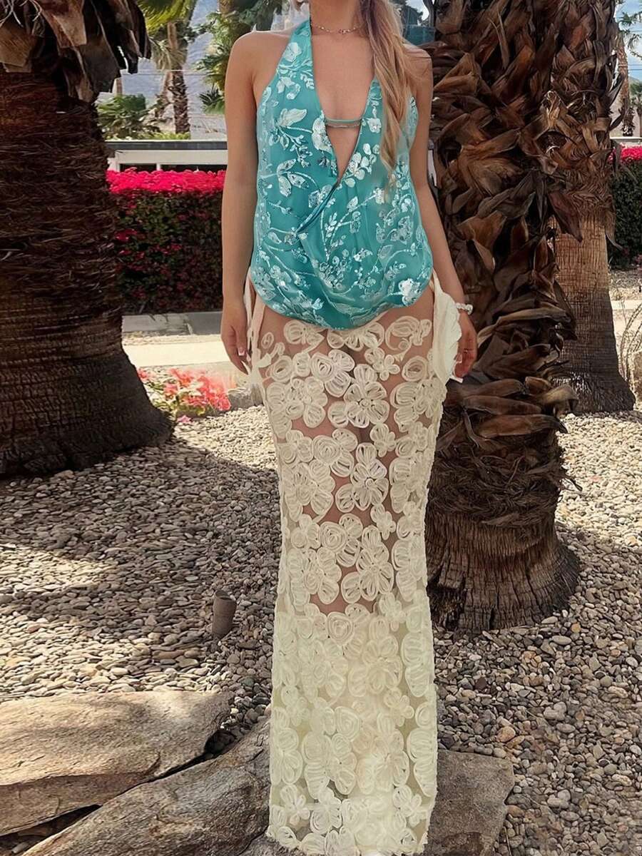 Women's Summer Halter Tank Tops Sequin Floral Sleeveless Backless Slim ...