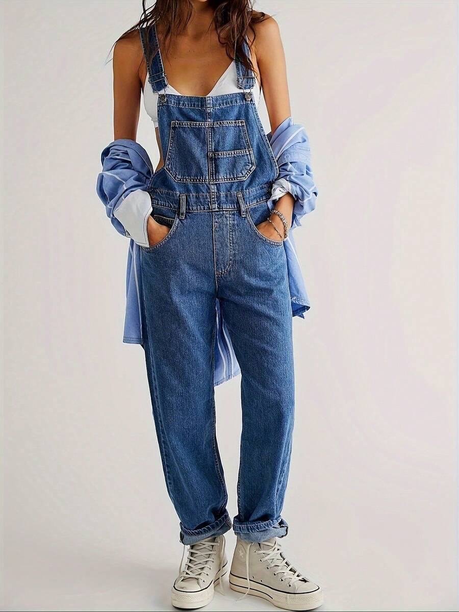 Women's One-Piece Denim Overalls With Pockets, Casual And Comfortable ...