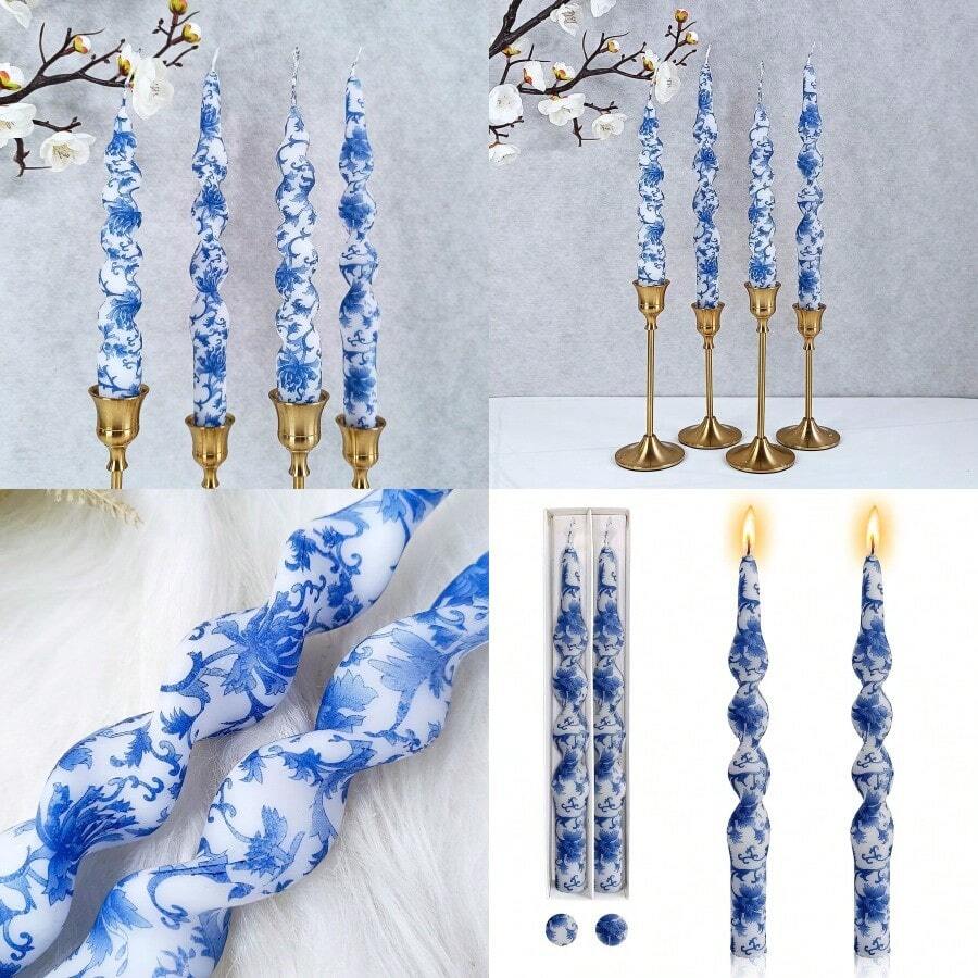 Floral Candlesticks Spiral Taper Candles Set Of 2 Blue And White ...