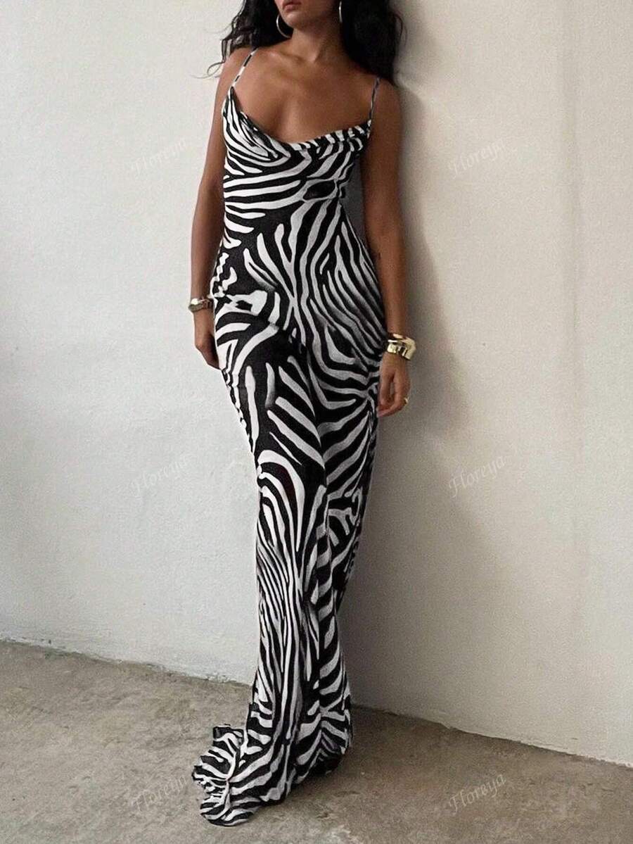 Zebra Print Elegant Deep Draped Neck Bodycon Maxi Dress, Feminine ...
