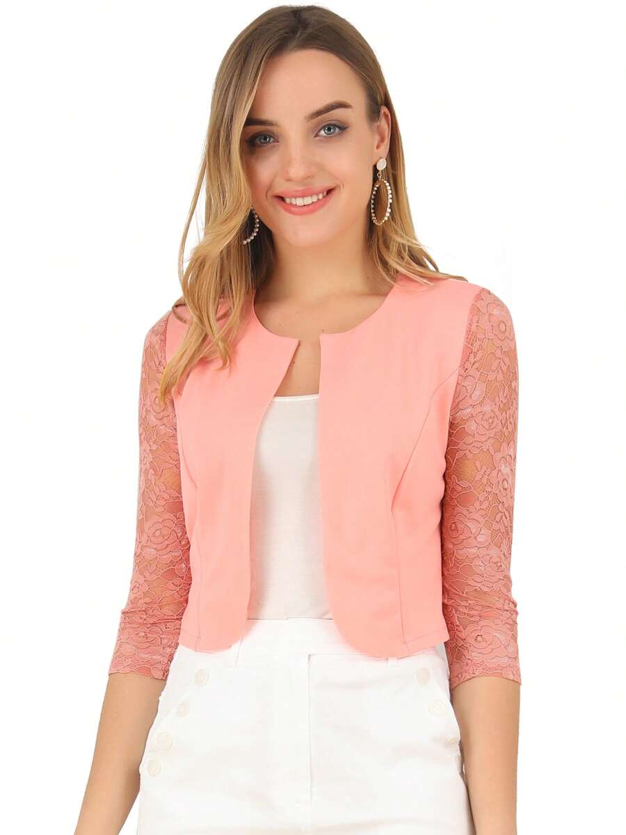 Women's 3/4 Sleeve Floral Lace Shrug Top Open Front Work Office Bolero ...