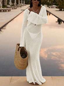 Spring-Summer Crocheted V-Neck Backless Ruched Waist Bodycon Dress For ...