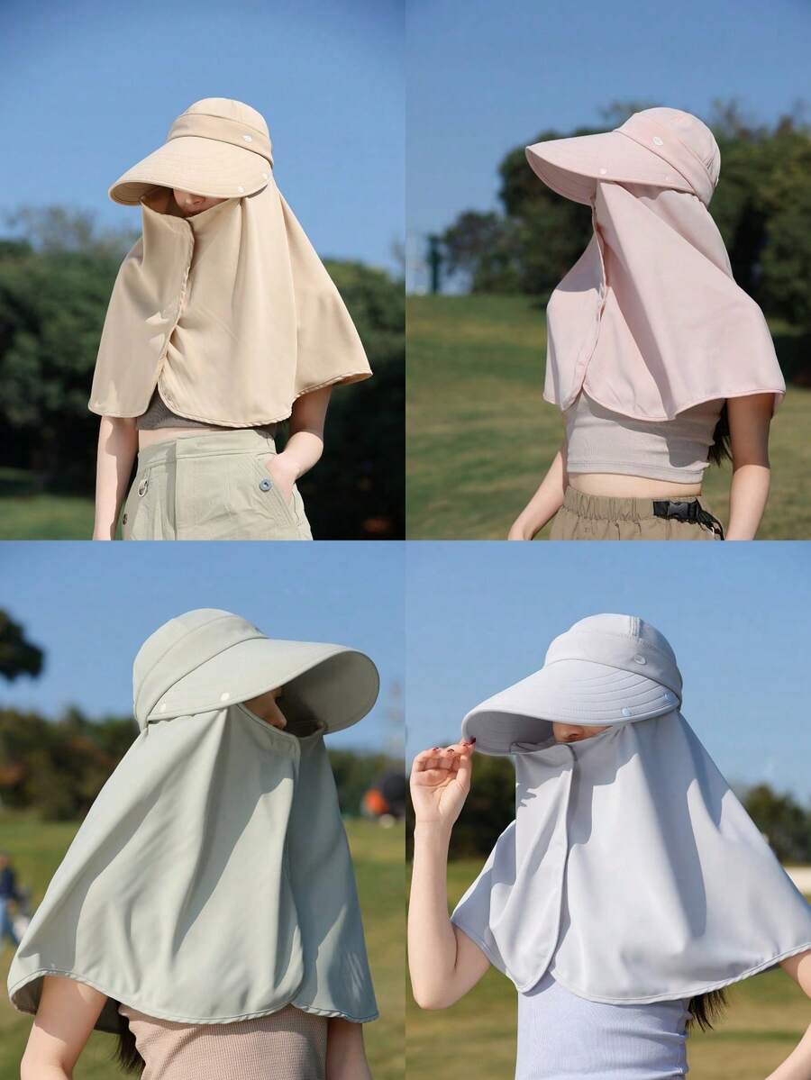 1pc Solid Color Spring Detachable Face Mask Wide Brim Hat, Shawl Collar ...