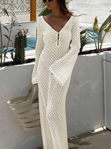 Spring-Summer Crocheted V-Neck Backless Ruched Waist Bodycon Dress For ...