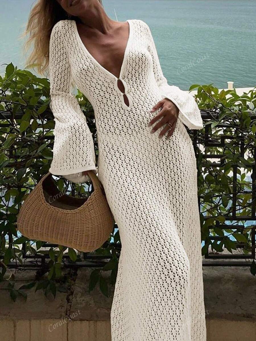 Spring-Summer Crocheted V-Neck Backless Ruched Waist Bodycon Dress For ...