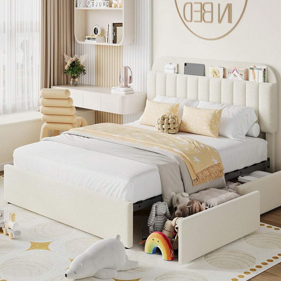 Twin Bed Frame With Storage Headboard, Girls Bed Frame With 2 Drawers ...