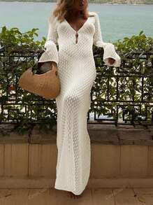 Spring-Summer Crocheted V-Neck Backless Ruched Waist Bodycon Dress For ...