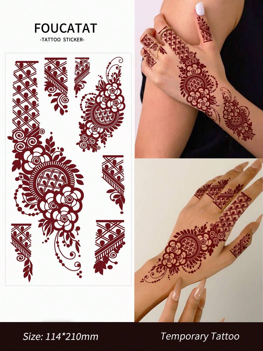 1pc Waterproof Henna Design Tattoo Sticker For Women, Disposable Flower ...