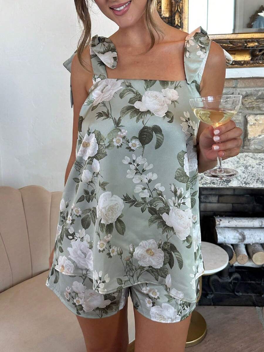 Womens Floral Pajama Sets Ruffle Trim Cami Top And Shorts 2 Piece ...