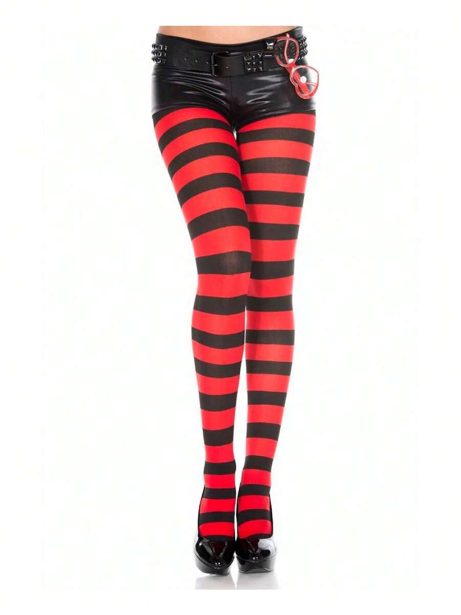 Women's Red And Black Striped Tights With High-Waisted Faux Leather ...