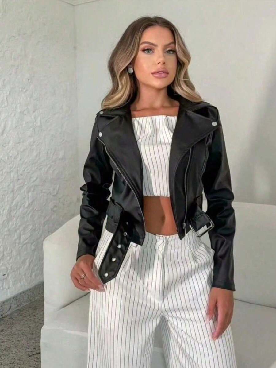 Jaqueta FIVELA Couro PU Ziper | SHEIN Brasil