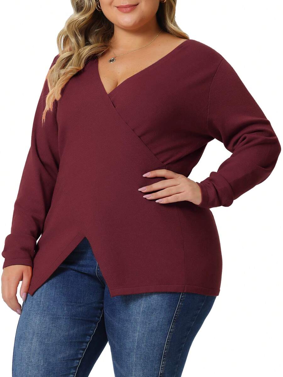 Plus Size Knit Tops For Women Wrap V Neck Criss Cross Long Sleeve ...