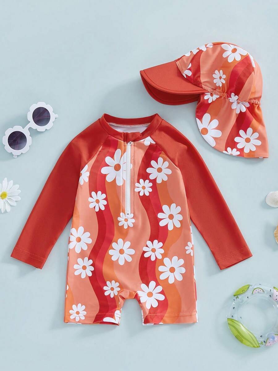 3M-4T Toddler Girl Long Sleeve Swimsuit Floral/Flamingo Print Half Zip Non-Pilling Rash Guard ...