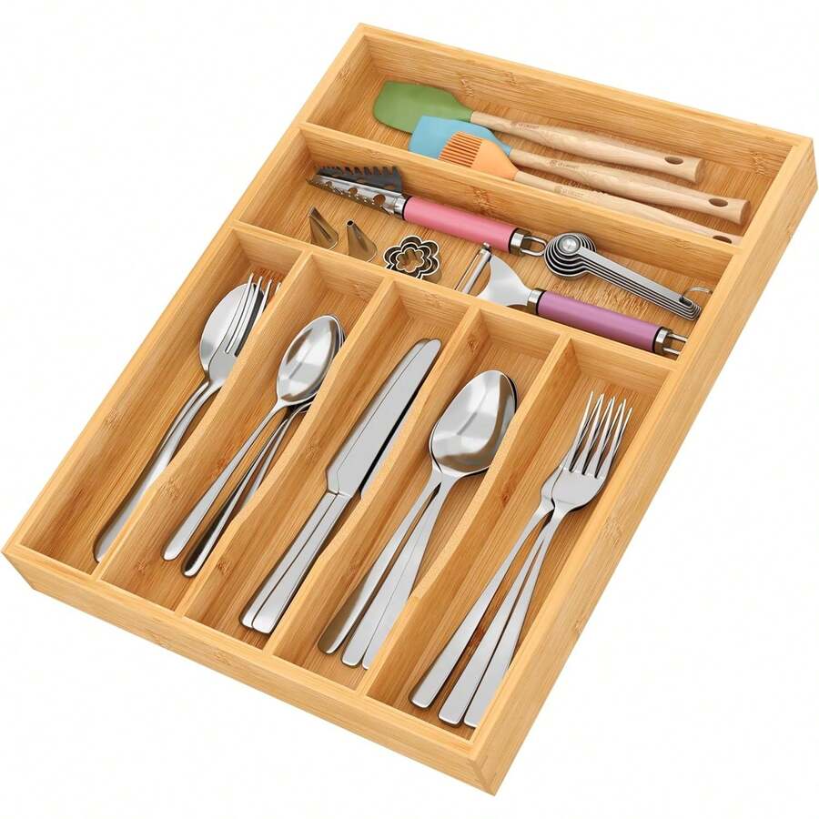 3.9inch Tall Bamboo Drawer Organizer, Expandable Utensil Holder With 8 ...