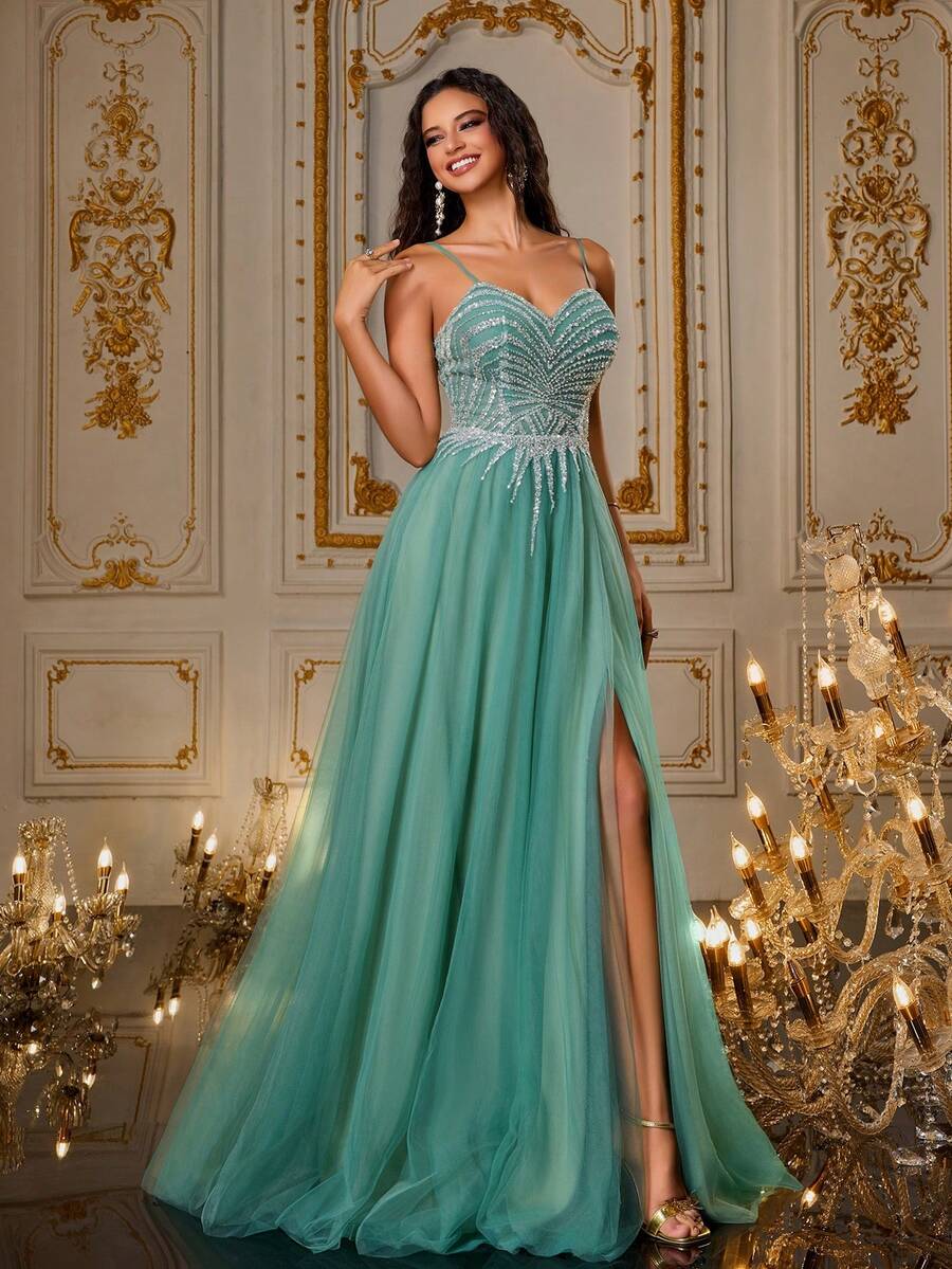 VIPGIRL Glamorous Green Beaded Tulle High Slit Spaghetti Strap Evening ...