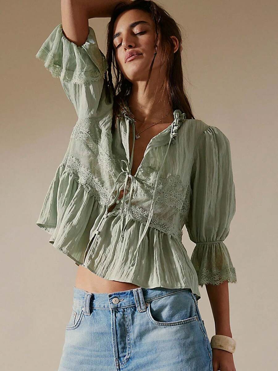 Women Lace Tie Front Top Y2k Coquette Long Sleeve Button Up Chiffon ...