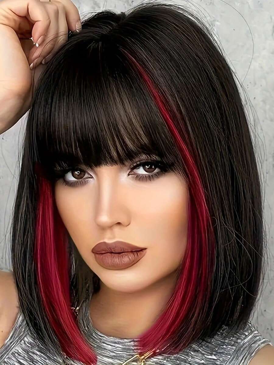 Chic Wine Red Bob Wig With Bangs For Women - 12" Short Straight ...