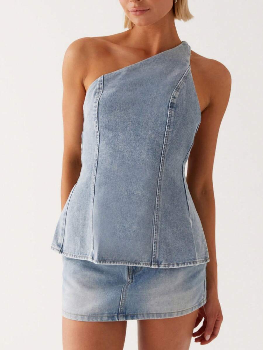 Women's 2-Piece Denim Set, Slim Fit Backless Sleeveless Top With ...