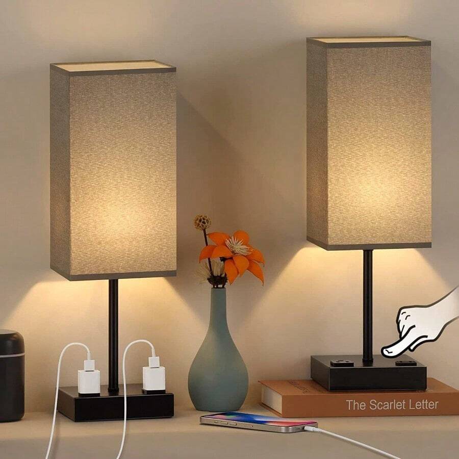 Set Of 2 Touch Table Lamps Square Nightstand Lamp W Dual AC Outlets Amp ...