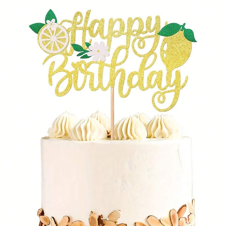1pc Lemon Cake Topper Glitter Happy Birthday Cake Pick For Fruit Theme ...