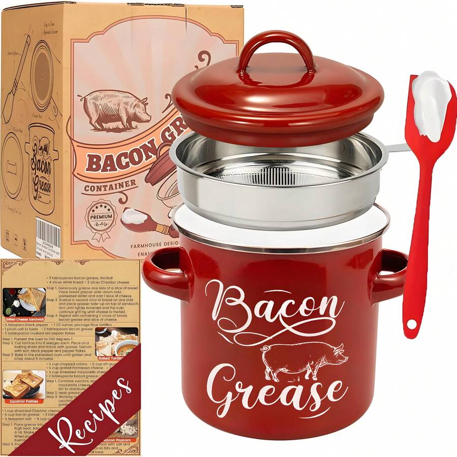 46 OZ Bacon Grease Container With Strainer And Spatula, Stainless Steel ...
