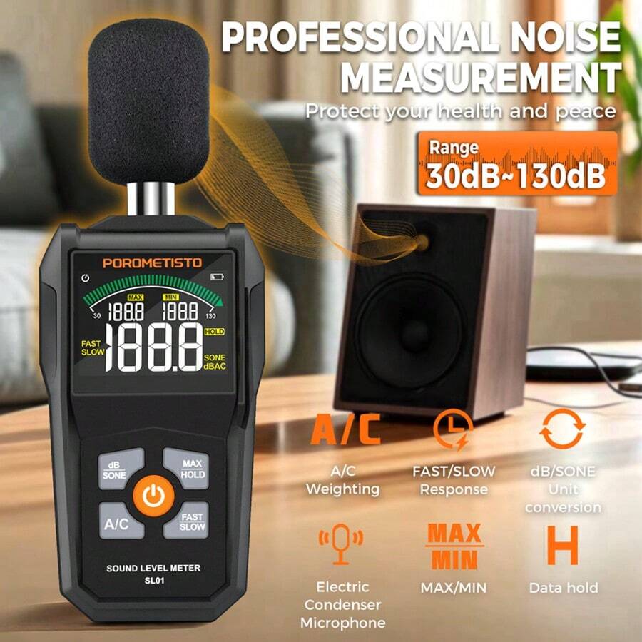 POROMETISTO Medidor de nivel de sonido digital POROMETISTO-SL01, detector de ruido de alta ...