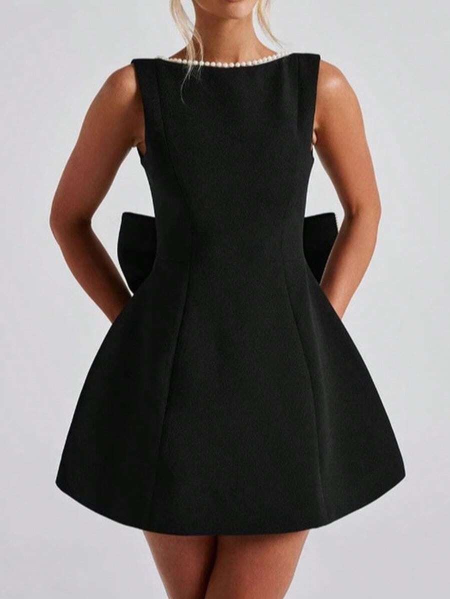 Backless Mini Dress With Oversized Bow – Pearl Trim Party Look Plain ...