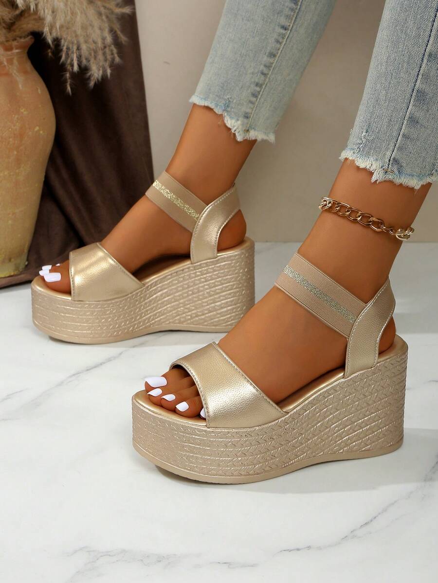 Women's Gold Wedge Heel Open Toe Platform Sandals - Solid Color ...