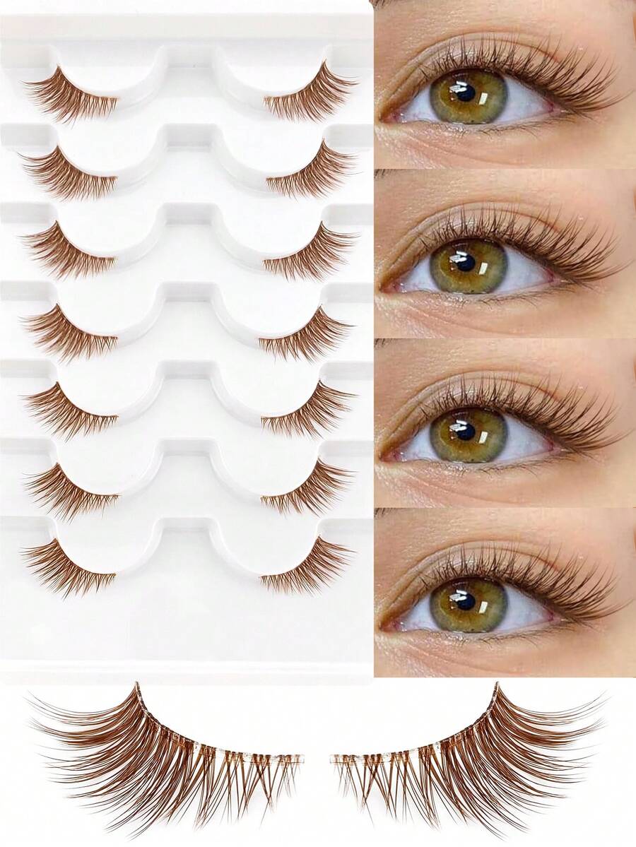 7 Pairs Brown Half Lashes Cat Eye With Clear Band Wispy False Eyelashes ...